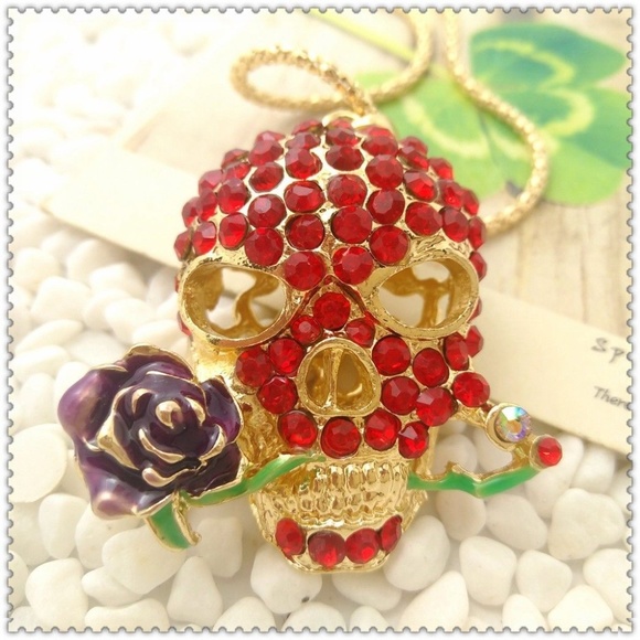 Jewelry | New Red Crystal Skull Rose Goth Chain Necklace | Poshmark